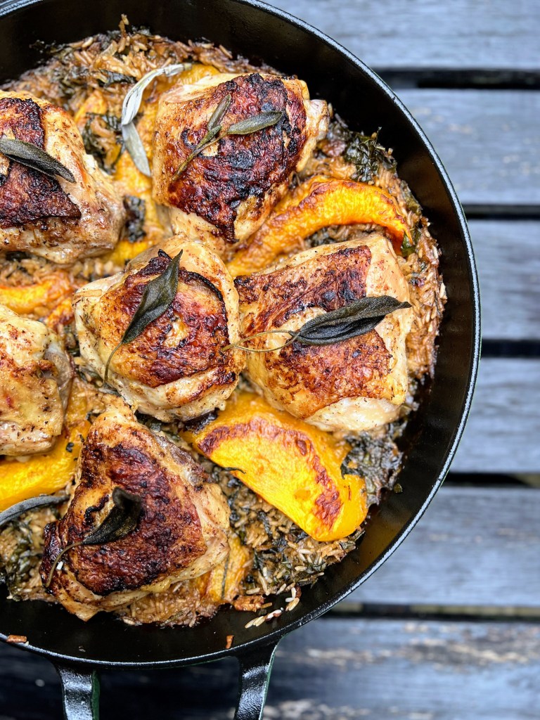 One Pan Roast Chicken with Pumpkin and Sage Rice - In The Wild Heart ...